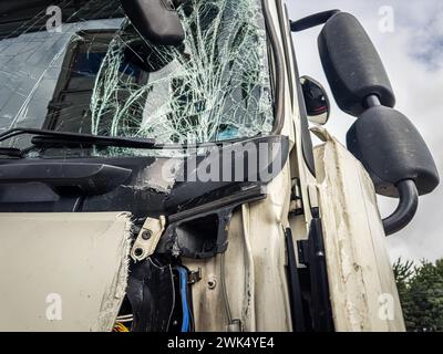 The lorry crashed windshield. Broken truck. Lorry after the accident ...