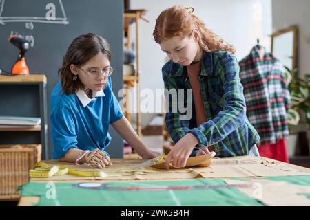 Portrait of two teen girls sewing clothes together in inclusive ...