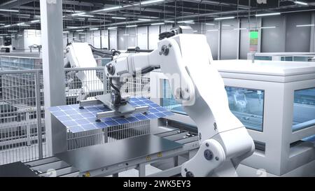 Solar panel factory with robotic arms placing PV modules on automation ...