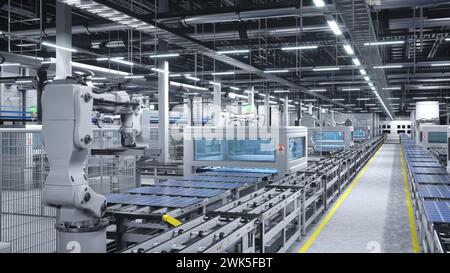 Busy solar panel factory with robotic arms placing photovoltaic modules ...
