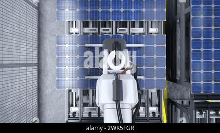 Aerial shot of robotic arm placing solar panel on production line in ...