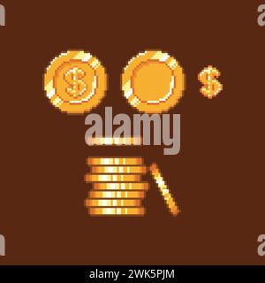 Pixel art coin animation. Retro 8 bit golden coins sprite asset ...