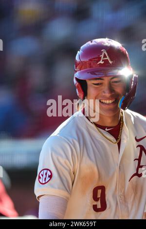 February 18, 2024: Wehiwa Aloy #9 of Arkansas signals in celebration ...