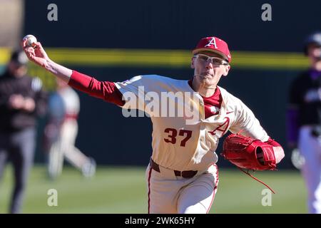 February 18, 2024: Jake Faherty #37 Arkansas pitcher works from the ...