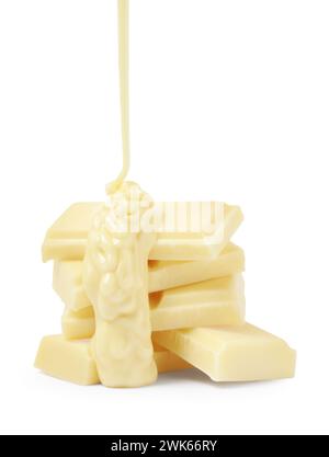 Pouring tasty chocolate paste onto pieces isolated on white Stock Photo ...
