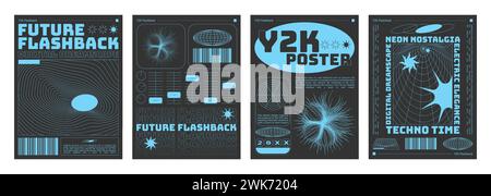 Y2k style poster design template set with grid acid abstract pattern ...