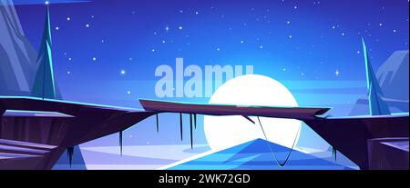 Winter landscape with mountains, suspension bridge over precipice and ...