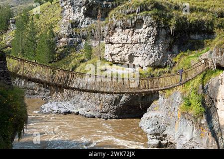 Inca rope bridge or suspension bridge Q'eswachaka over the en Rio ...