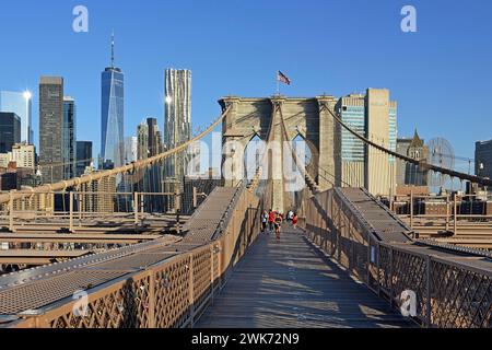 View of the Brookly Bridge portal and skyline of Lower Manhattan ...