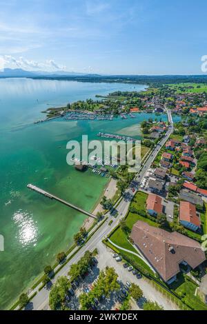 Aerial view of the Seebruck with the Alz river, Seon-Seebruck, Chiemsee ...