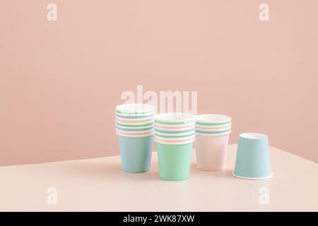 Stacks of beautiful colored disposable cups. Recyclable concept Stock ...