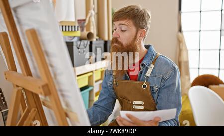 Young redhead man artist drawing model portrait at art studio Stock ...