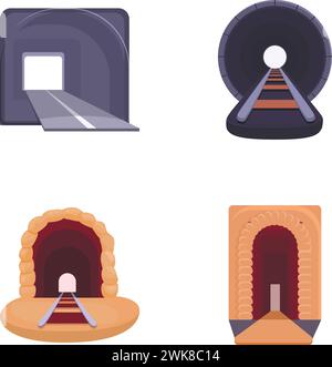 Arch tunnel icons set cartoon vector. Road car entrance. Underpass ...