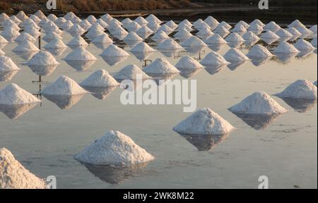 Piles of salt create geometric designs on the salt pan at a traditional ...