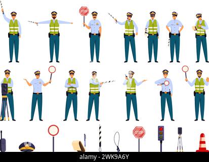 Traffic controller icons set cartoon vector. Policeman road inspector ...
