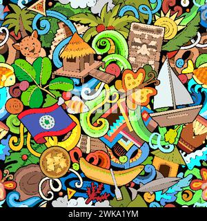 Cartoon doodles Belize seamless pattern. Backdrop with Belizean culture symbols and items ...