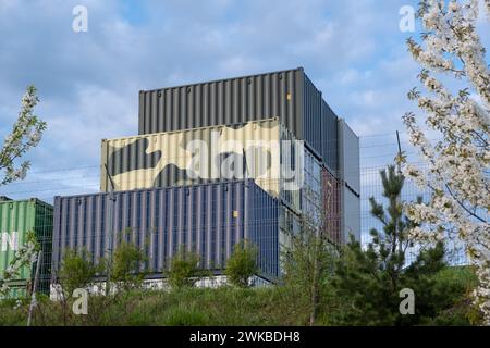 Military shipping container are special-purpose container. stacked ...