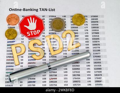 lettering 'PSD2', fountain pen, Euro coins, flag of Europe and ...