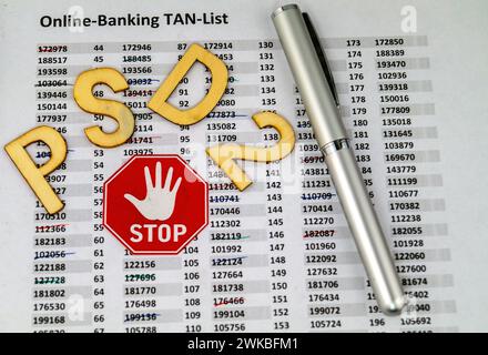 lettering 'PSD2', fountain pen and stop sign with TAN list for online ...