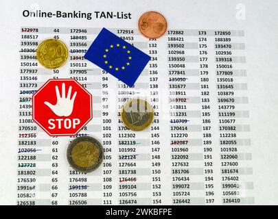 flag of Europe, Euro coins and stop sign with TAN list for online ...