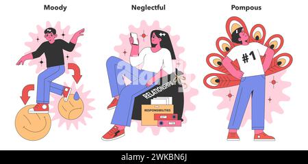 Moody Personality trait. A dynamic character balancing on mood spheres ...