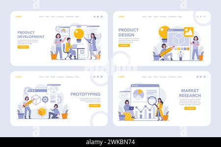 Product development set. Stages of prototyping, rigorous testing, and ...