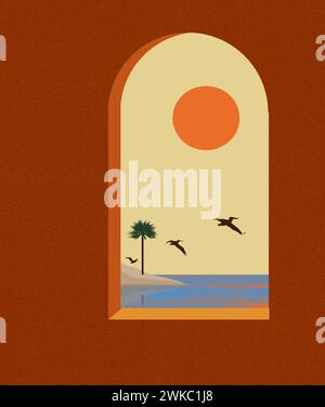 Palm trees, sunset and flying pelicans makes a 3-d illustration of a ...