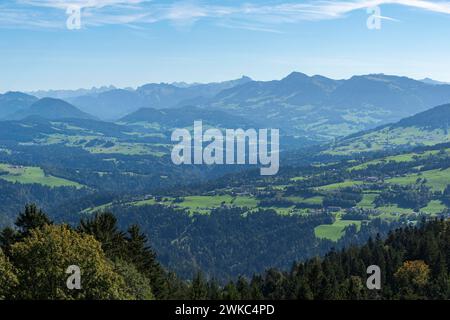 Alpine view from the Pfaender, 1064m, local mountain of Bregenz ...
