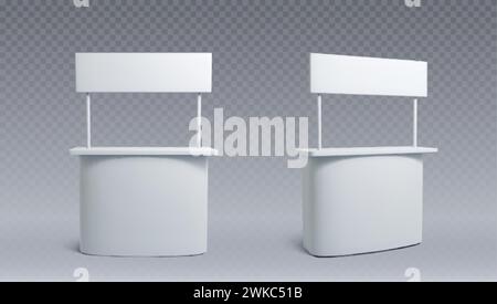 Advertising and promo booth stand. Realistic vector illustration set of white empty portable ...