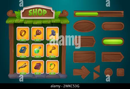 Wood game shop ui interface with button frame. Wooden store box gui ...