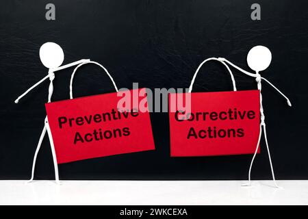 Stick figure holding preventive action placard in black background ...