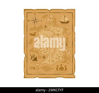 Cartoon game paper map, expedition adventure and journey, vector island ...