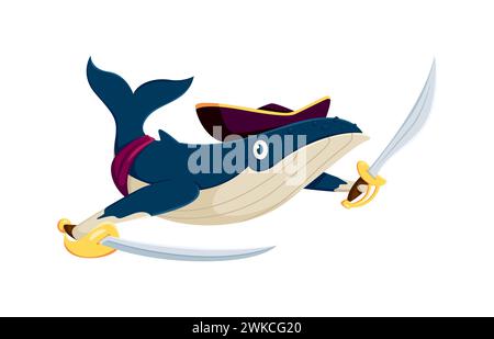 Cartoon blue whale pirate corsair animal character brandishes a gleaming sword and a flintlock ...