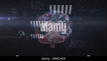 Image of data processing and digital brain over caucasian woman in ...