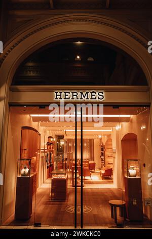 Classy facade interior of a famous Hermes store in a shopping mall ...