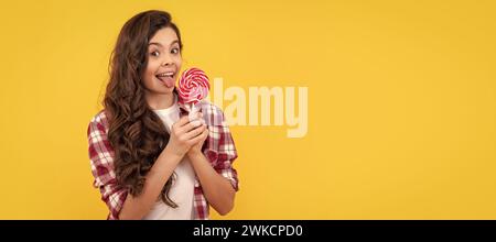 Hipster teenager child girl lick lollypop. Sugar nutrition, candy and ...