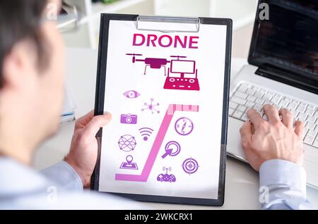Man holding a clipboard with drone delivery concept Stock Photo - Alamy