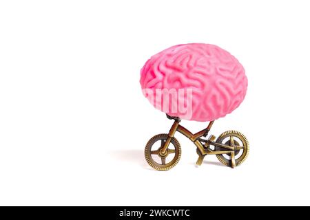 Human brain figurine placed on a wooden table with toy laptop ...