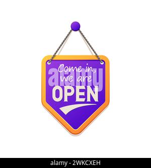 we are open sign, hanging purple signboard text design vector ...