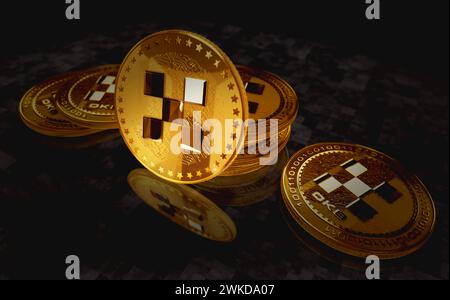 OKX OKB cryptocurrency gold coin on green screen background. Abstract ...