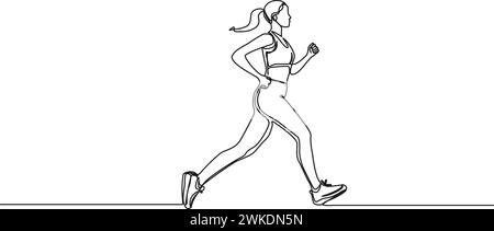 Marathon running, continuous one line drawing. Woman run with sport ...