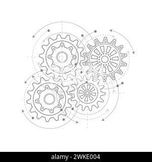 Technical drawing of gears .Rotating mechanism of round parts .Machine ...