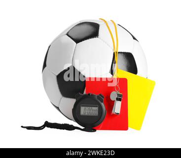 Referee equipment. Soccer ball, whistle, stopwatch and cards isolated ...