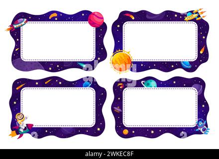 Border frames with galaxy space landscape, planets and stars, starships ...