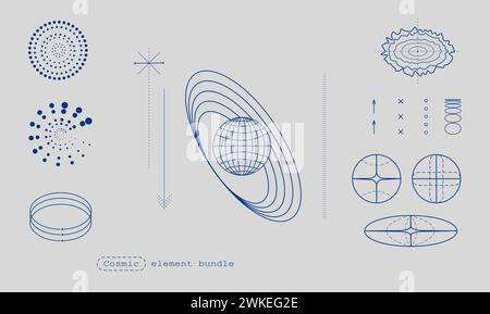Collection of astronomical diagrams and cosmic shapes in blue on white ...