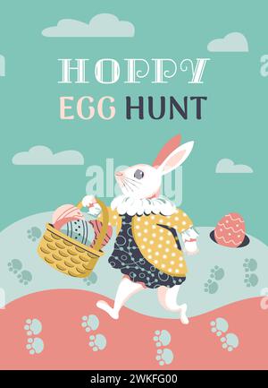 Hoppy Egg Hunt fancy Easter game vector poster. Basket, Easter eggs ...