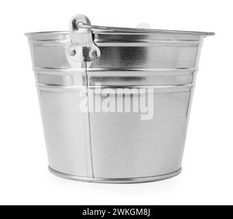 One shiny metal bucket isolated on white Stock Photo - Alamy