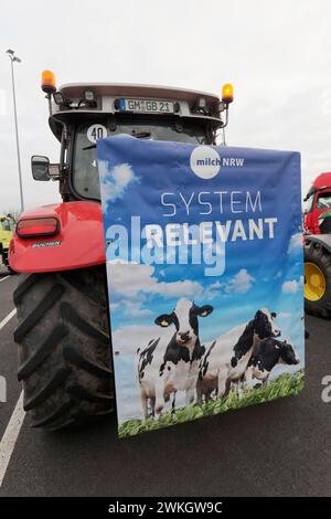 Poster with dairy cows and writing Systemrelevant on a tractor, farmer ...