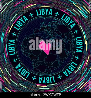 World map centered on Libya. Red country highlighted. Satellite world ...