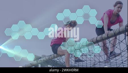 Image of shapes over diverse women at obstacle course running Stock ...